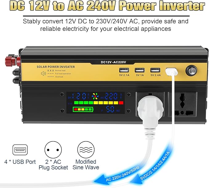 Seamuing 2200W Power Inverter DC 12V to AC 240V Vehicle Inverters 2 AC ...