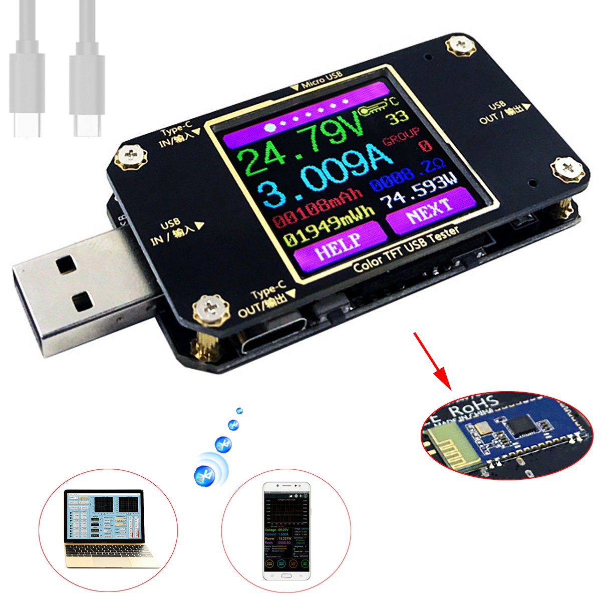 MakerFocus Digital LCD USB Power Voltage Current Tester With Bluetooth
